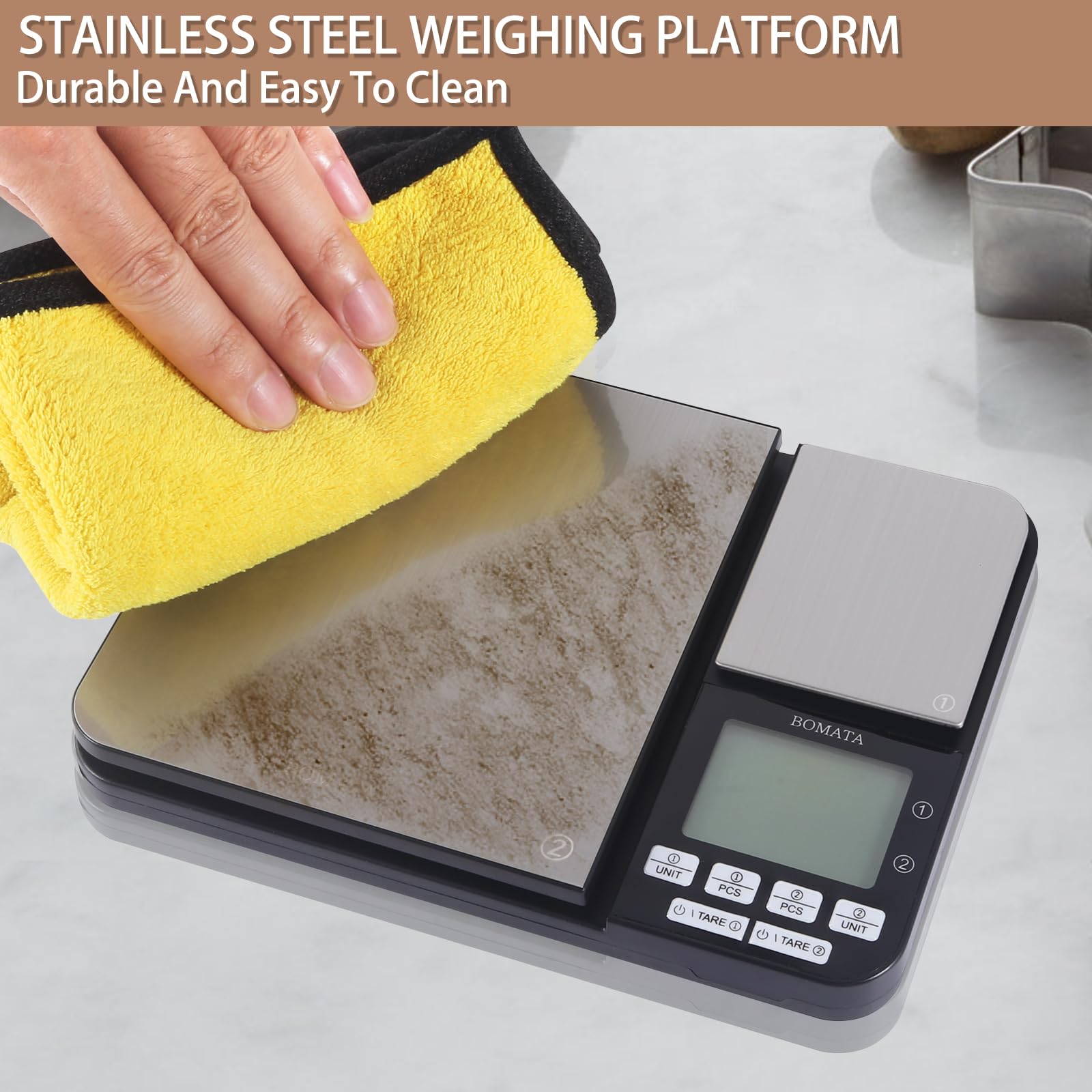BOMATA Dual Platform Digital Kitchen Scale with Two Precision 0.1g & 0.01g/0.001oz, Max Capacity 11lb/5kg,Tare Function, Units Conversions, Dual-line LCD with Backlit, Stainless Steel, Black