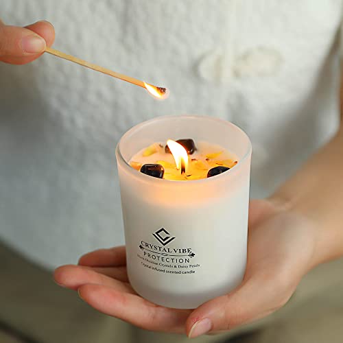 Protection Crystal Candle - Vanilla Scented Candle With Black Obsidian Crystals and Daisy Petals - Candle with Crystals Inside for Positive Energy