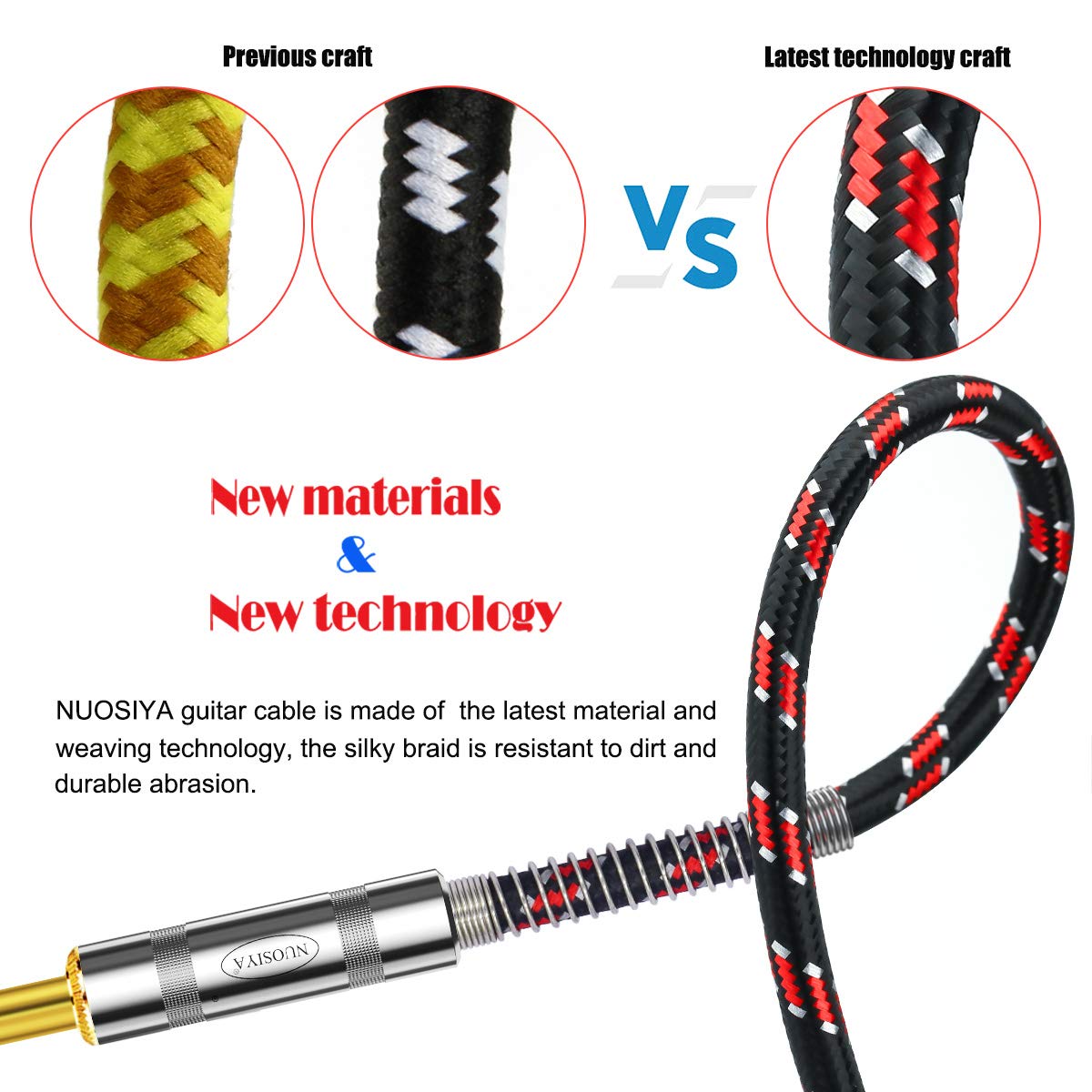 NUOSIYA 1/4 Inch TS to TS Electric Guitar Cable Braided Guitar Amp Cord Flex Instrument Cable for Electric Guitar, Bass AMP, Keyboard, Mixer, Equalizer (Braided Black White, 10FT)