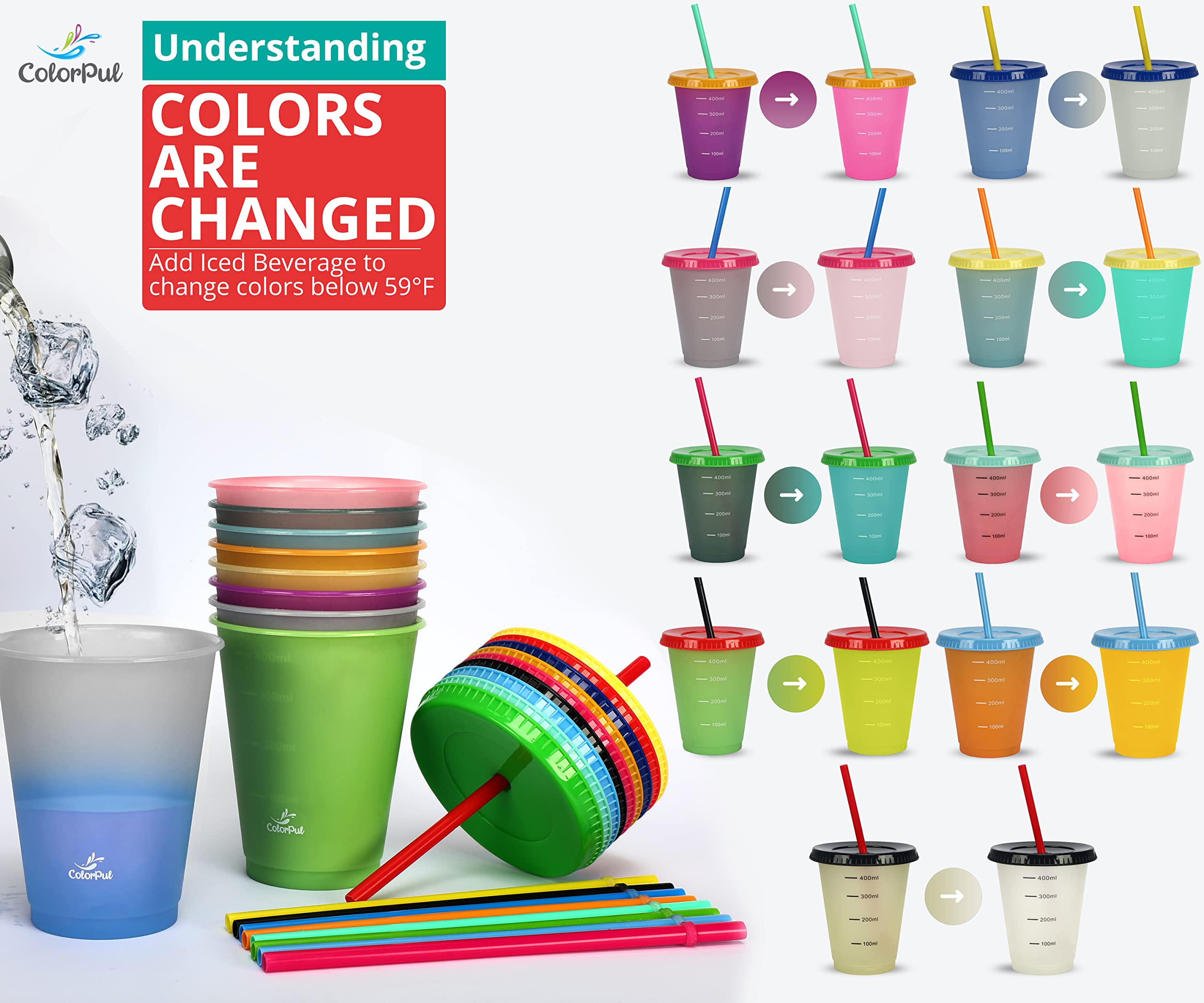 COLORPUL Kids Cups with Straws and Lids- 9 Packs 16 oz- Color Changing Cups - Thick Reusable Insulated Plastic Cups with Straws for Coffee, Smoothie Cups