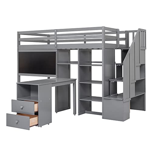 Harper & Bright Designs Twin Loft Bed with Stairs, Solid Wood Loft Bed with Pullable Desk and Storage Shelves and Blackboard, for Bedroom, Dorm, Boys, Girls, Adults (Twin Size, Gray)