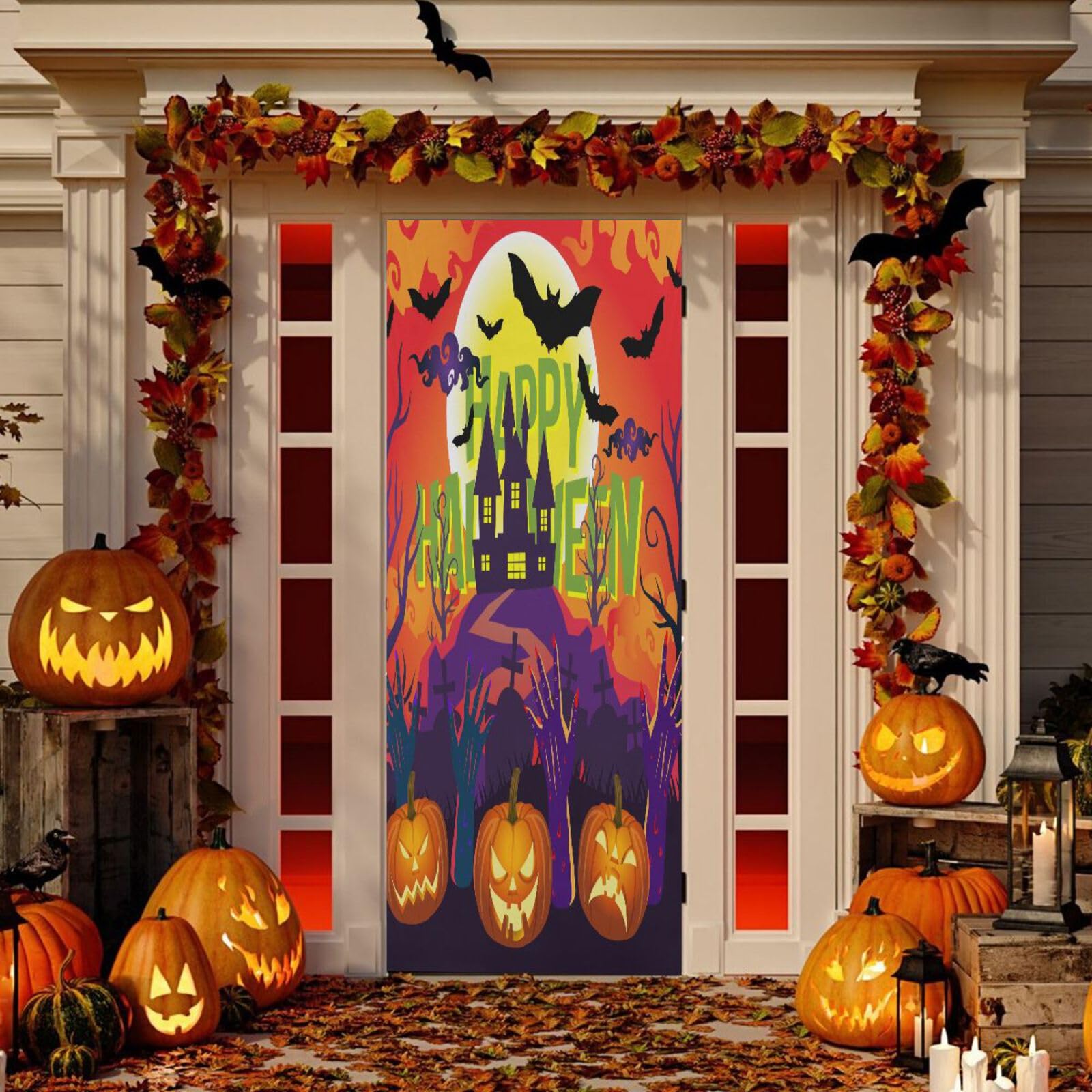 Burbuja Halloween Pattern Door Cover, Stretch Fabric Backdrop Door Porch Covers for Home Party Holidays Decoration, 32x79 in