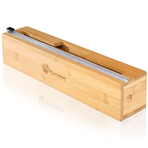 Mainstream Source® Bamboo Wrap Dispensers – Foil and Plastic Wrap Organizer Set for 12 Inch with Extended Cutters and Labels, Works as Foil, Plastic Wrap, Parchment, or Wax Paper Holder (1pc)