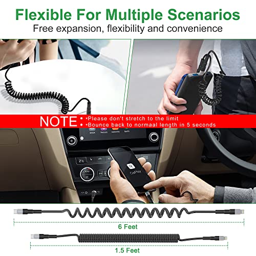 Coiled USB C to Lightning Cable, Apple Carplay Cable [Apple MFi Certified] Retractable iPhone Charger Cord with Data Sync and Blue LED, Coiled Lightning Cable Carplay Compatible with iPhone Pad Pod