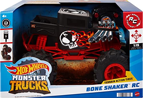 Hot Wheels RC Monster Trucks Bone Shaker in 1:15 Scale, Remote-Control Toy Truck with Terrain Action Tires