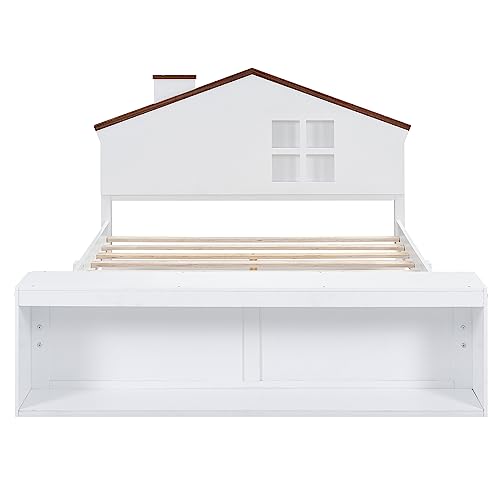 Harper & Bright Designs Full Bed Frames with House-Shaped Headboard, Wooden Kids Full Platform Bed Frame with LED Lights and Storage, Cute Single Full Led Bed for Girls Boys, White