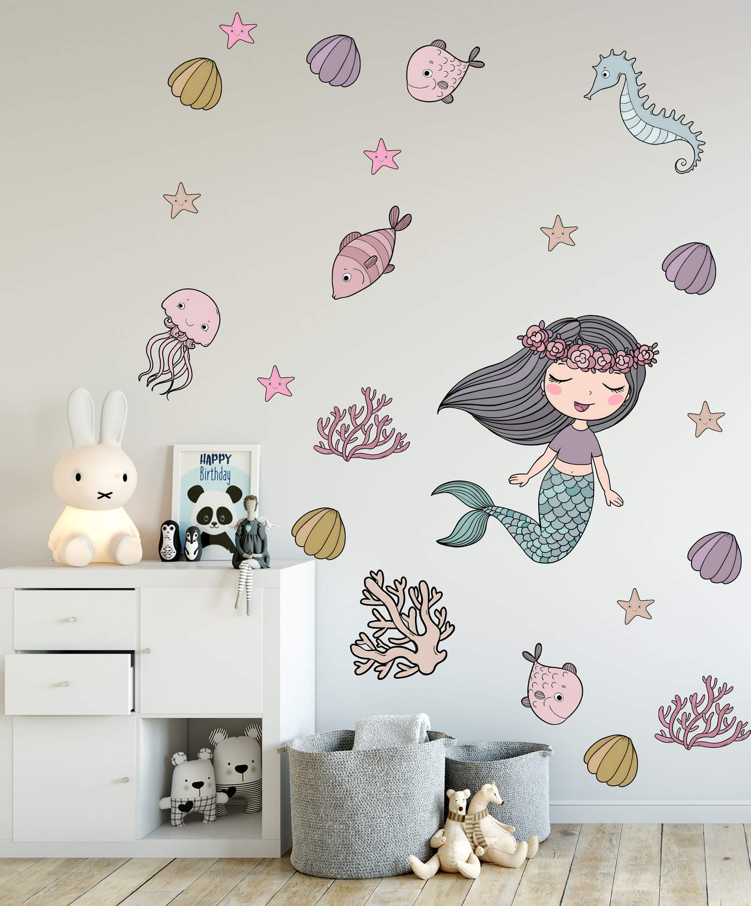 Murwall Mermaid Ariel Wall Decal Underwater Princess Peel and Stick Starfish Removable Sticker Girls Bedroom Colorful Seaweed Wall Print Seahorse Seashell Octopus Wall Sticker Baby Rooms