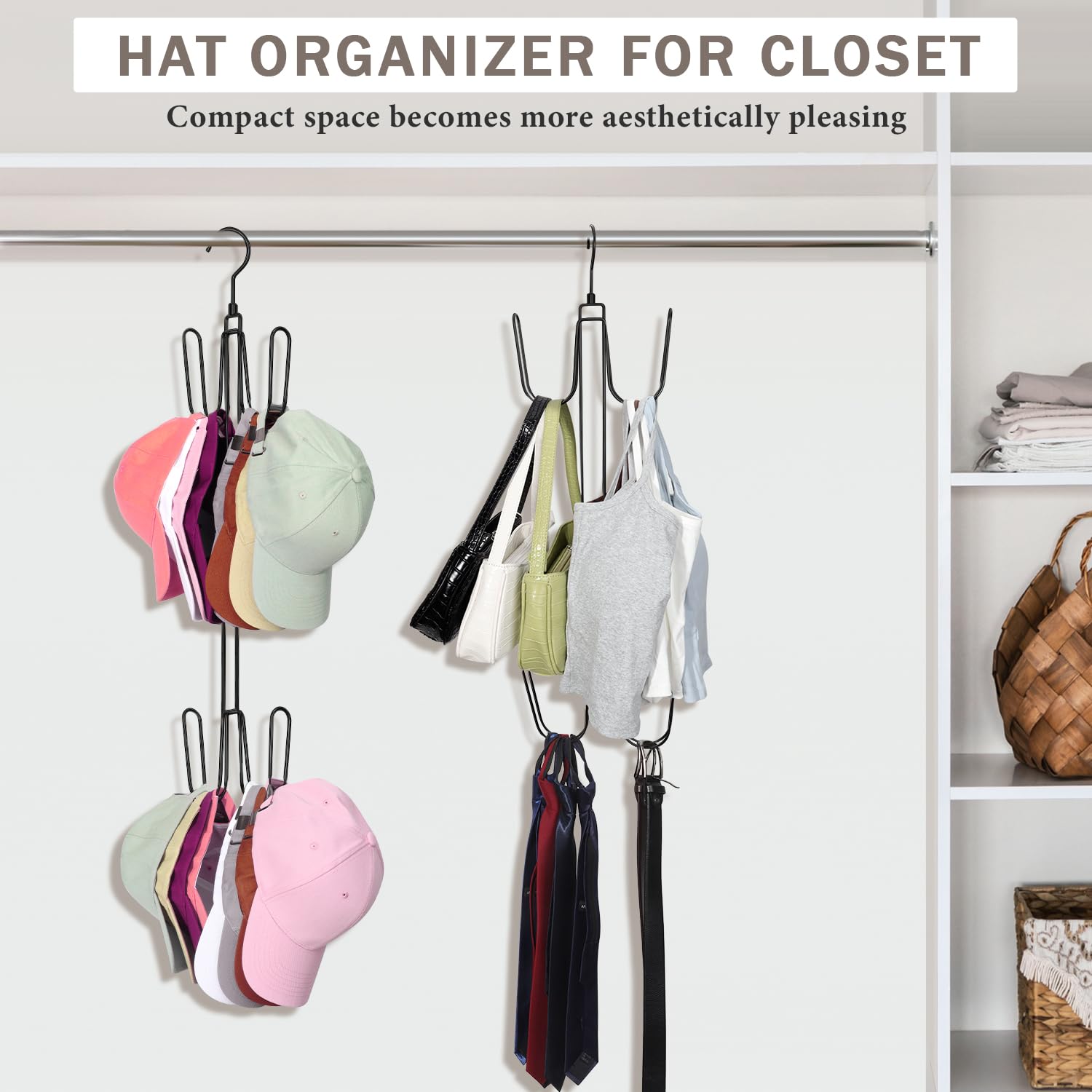 ERCVZAVZ Hat Hangers for Closet, 2 Pack Stainless Steel Hat Organizer for Baseball Caps, 360°Rotating Hat Racks for Baseball Caps, Stable Baseball Cap Organizer for Closet