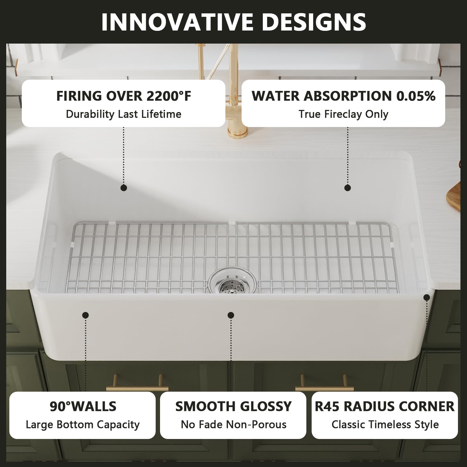 DeerValley Farmhouse Sink, DV-1K505 Grove 36"L x 18"W Fireclay Farmhouse Sink White Apron Front Deep Single Bowl Kitchen Sink with Sink Grid and Basket Strainer