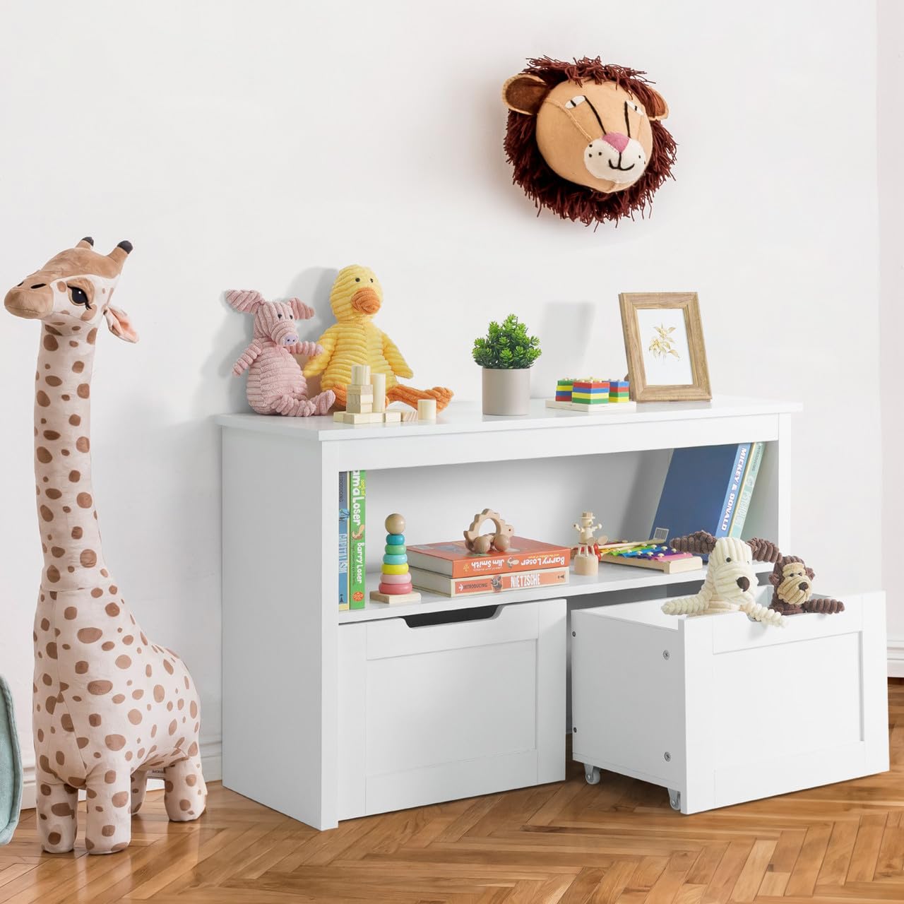 CAPHAUS Toy Storage Organizer with 2 Wheeled Drawers, White, Playroom Organization and Storage, Floor Toy Box with Wheels and Shelf, for Kids, Boys and Girls, Nursery, Playroom and Bedroom