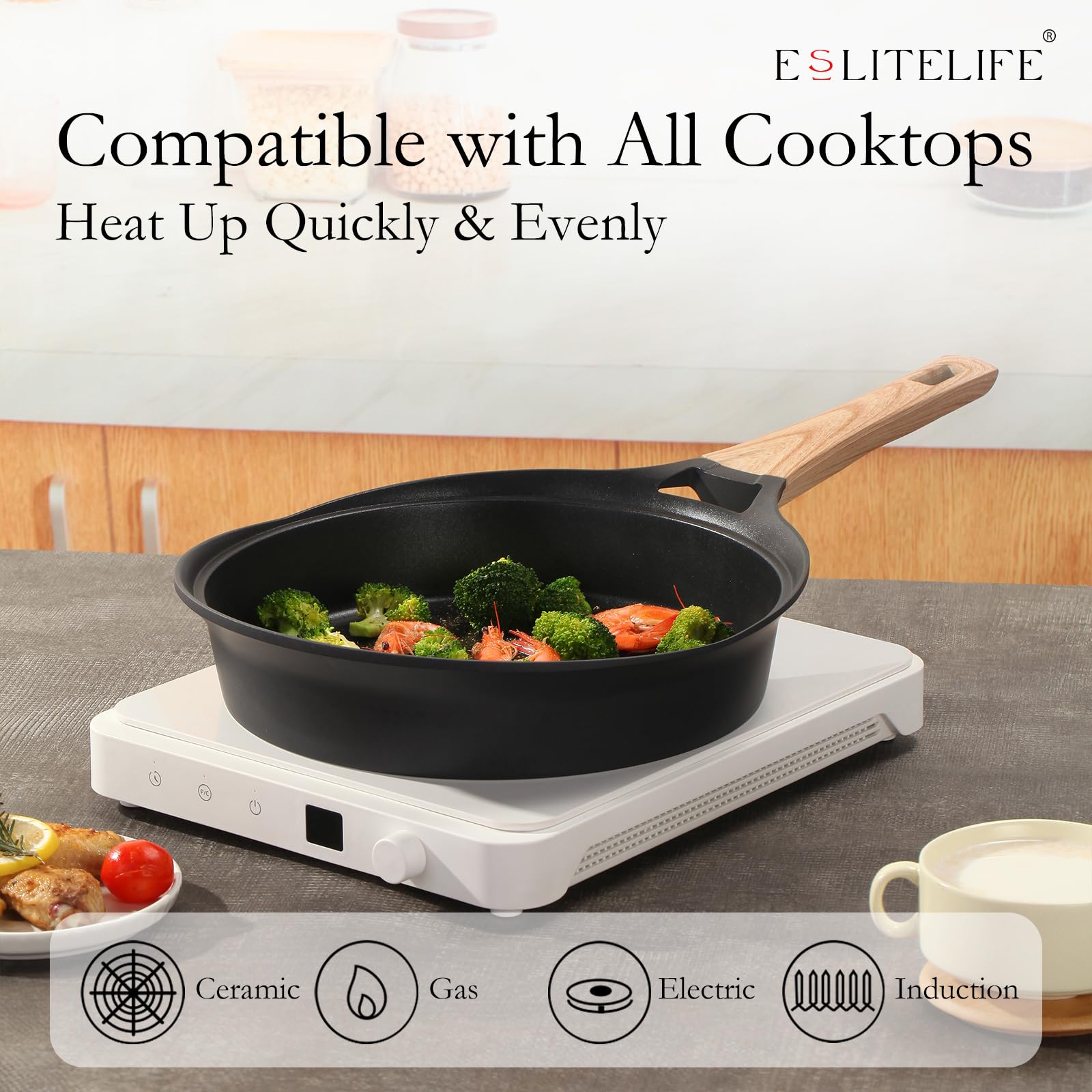 ESLITE LIFE Nonstick Deep Frying Pan Skillet, Healthy Granite Coating Egg Omelette Pan Stone Cookware Chef's Pan, PFOA Free(Black, 8 Inch)