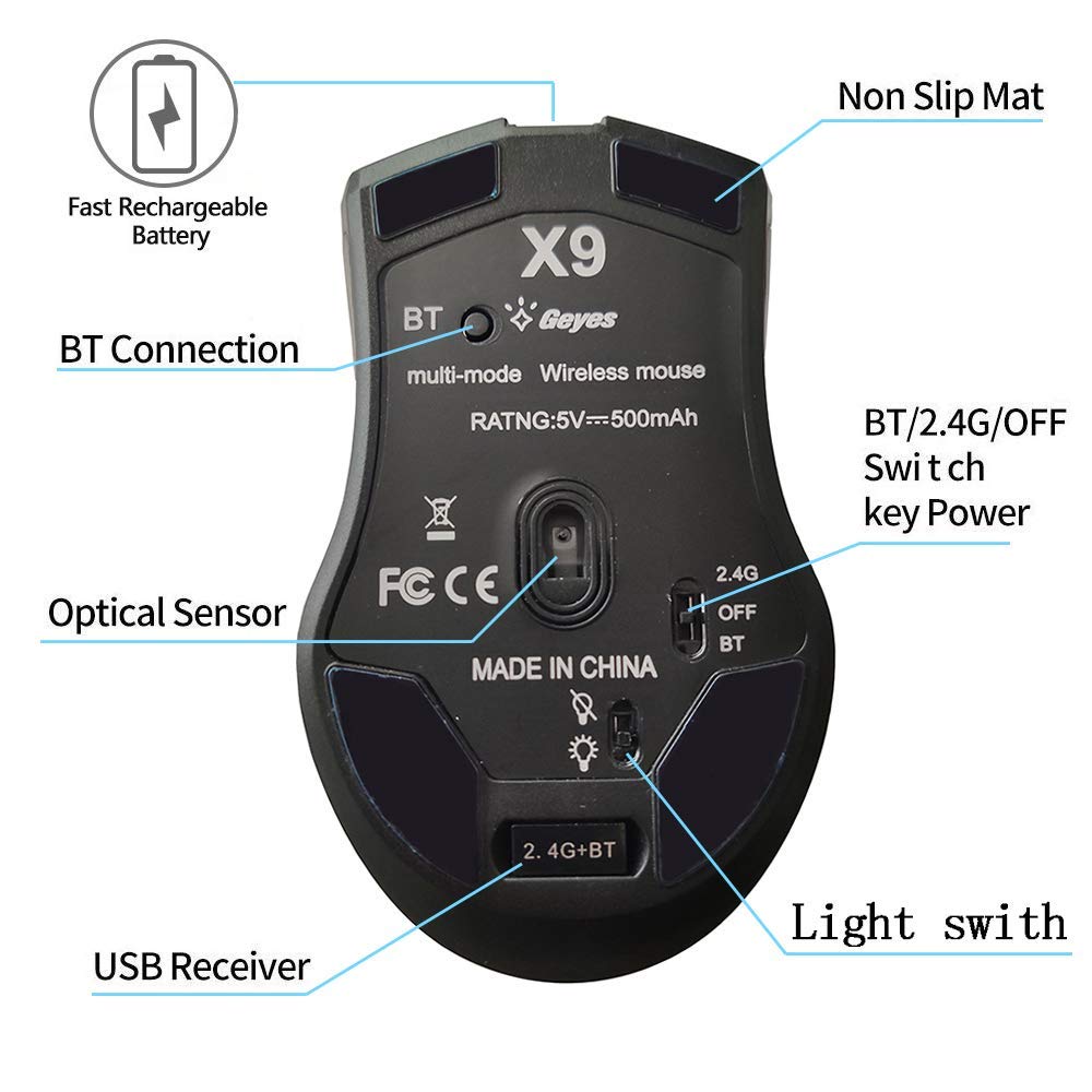 NYIEFADA Bluetooth Wireless Mouse for Laptop, LED Rechargeable Silence Computer Mice with Side Buttons Supports 2 Devices 3 DPI for HP/Dell/Win8/10/Mac