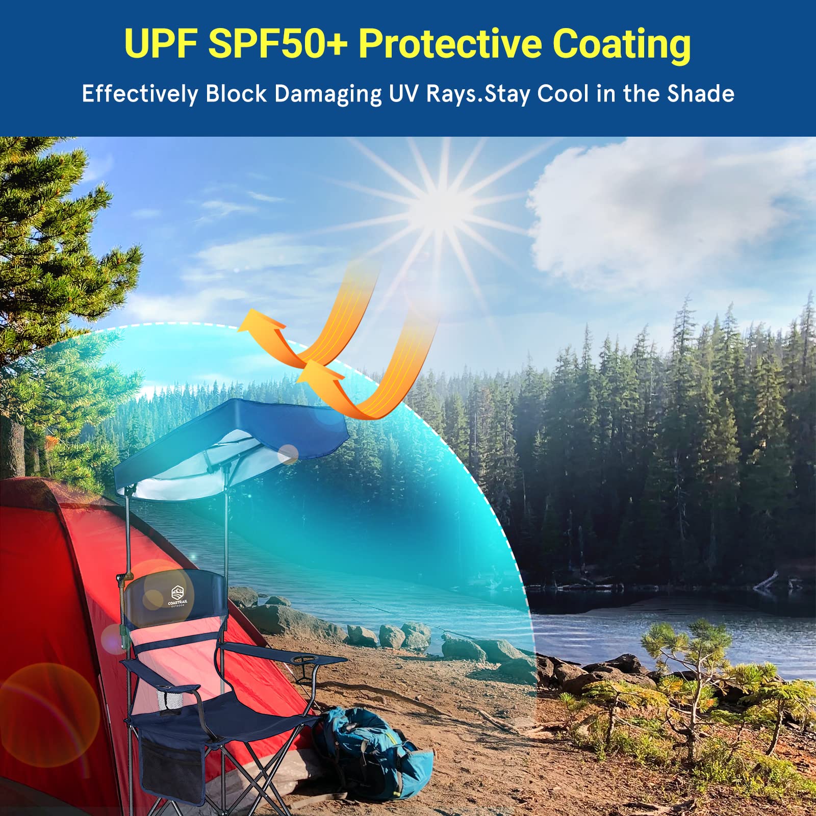 Coastrail Outdoor Canopy Folding Camping Chair with Multi-Position Adjustable Sun Shade Lawn Chair, SPF 50+ Sun Protection with Cup Holder & Storage Pockets, Portable Design for Beach, Camping, Patio