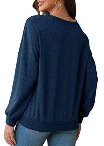 FMEYOA Womens V Neck Sweatshirts Long Sleeve Lightweight Loose Fall Basic Sweater Pullover Tops(Navy,Medium)