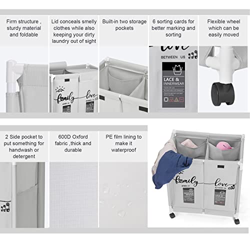 Laundry Sorter Cart with Lid, 110L 2 sections Oxford Cloth Laundry Hamper on Wheels, Laundry Basket for Family Dorm Room Clothing Throws Toys (22.6*13.6*26.6IN)