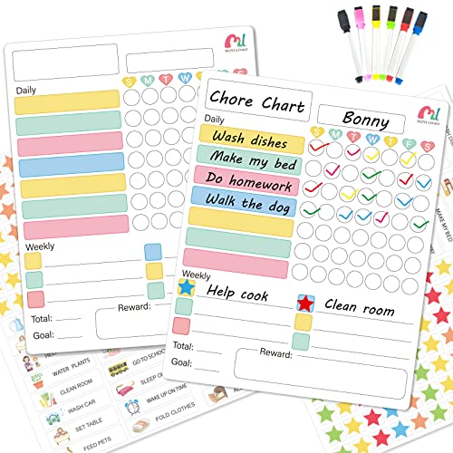 Magnetic Chore Chart 2 Pcs Dry Erase Behavior Chart, 6 Markers/52 Static Tasks/140 Color Stars, Reward Chart for Multiple Kids, Responsibility Chart for Refrigerator Chore Board for Teenagers Toddlers