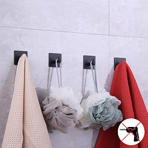 kimzcn Matte Black Adhesive Hooks Heavy Duty Wall Hooks Waterproof Stainless Steel Hooks, Towel Robe Hook Rack Wall Mount - Bathroom and Bedroom 4-Packs