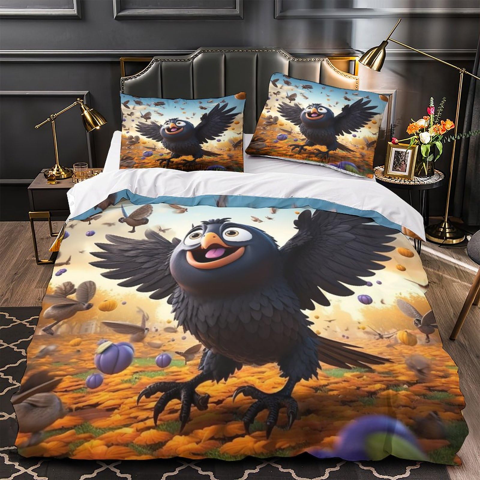 ESSAHI Raven 3D Printed Crow Bedding Set Comforter Covers Quilt Cover Duvet Cover with Pillowcases for Childrens and Adults Microfiber 3 Pieces with Zipper Closure Queen(228x228cm)