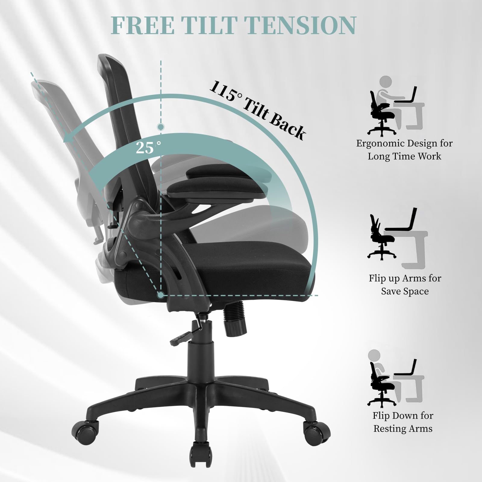 Ergonomic Mesh Office Chair, Comfy Desk Chair with Flip up Armrests, Swivel Computer Desk Chair with Adjustable Lumbar Support and Height for Home Office, 300 lbs Capacity