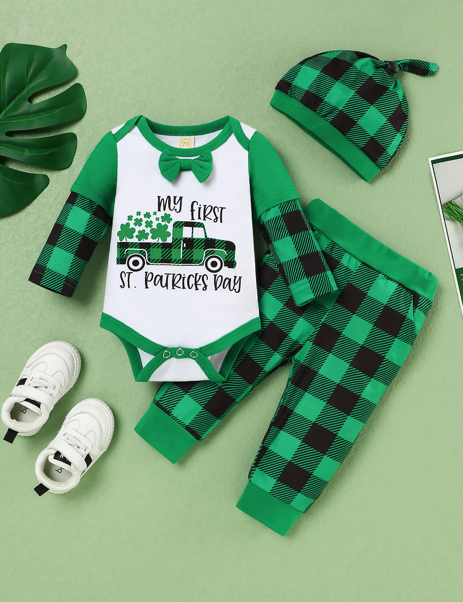 Esobrerie My First St. Patrick’s Day Outfits Newborn Baby Boy Shamrocks Bow Tie Romper Plaid Pants with Hat St.Patrick's Day Clothes