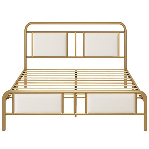 Hasuit Queen Size Bed Frame with Tufted Upholstered Oval Headboard, Heavy Duty Golden Metal Bed Frame Metal with Wooden Slats, Easy Assembly, No Box Spring Needed
