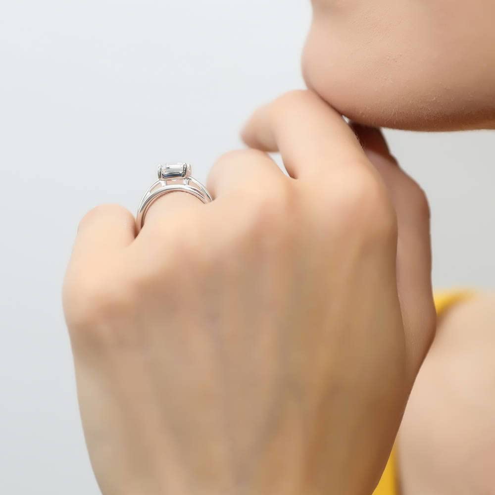 BERRICLE Sterling Silver Solitaire Wedding Engagement Rings 2.1 Carat Emerald Cut Cubic Zirconia CZ Ring Set for Women, Rhodium Plated Size 5.5