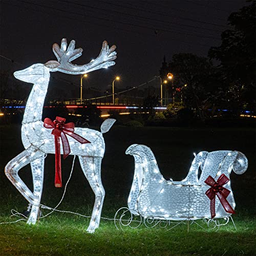 Hourleey Lighted Christmas Decorations Outdoor, Pre-Lit 3D Santa Sleigh Reindeer with 100 LED Cool White Light, Plug in Waterproof Christmas Deer Decorations for Outdoor Yard Lawn Garden Party