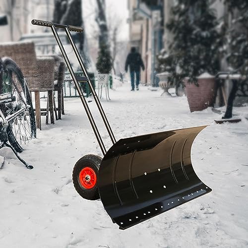Fonowx Wheeled Snow Pusher, Rolling Removal Tool Outdoor Snow Pushing Heavy Duty Winter Snow Pusher Snow Plow for Pavement, Deck Sidewalk Car, Double Pole 74x42cm