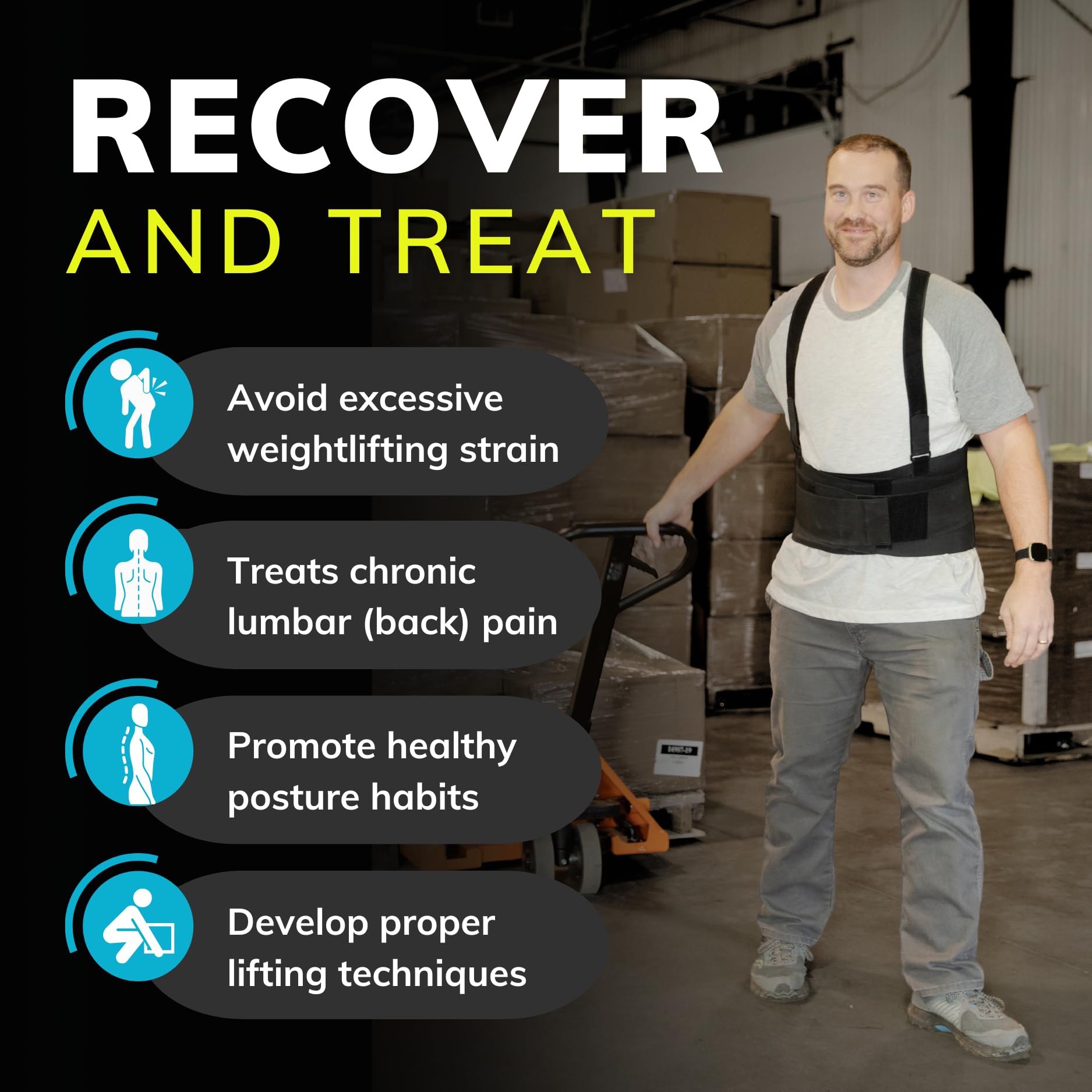 BraceAbility Work Back Brace - Industrial Lower Back Pain Protection Belt for Men and Women, Construction, Moving, Warehouse Jobs - Removable Suspender Shoulder Straps for Heavy Lifting Safety (L)
