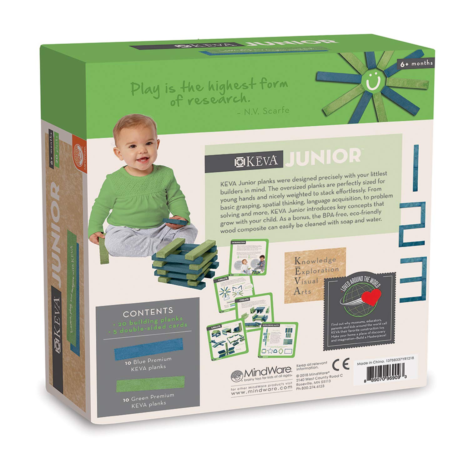 MindWare KEVA Junior - 20 Easy-Grip Plank Set for Toddlers - Made from Washable, Non-Toxic & BPA-Free, Recycled Materials