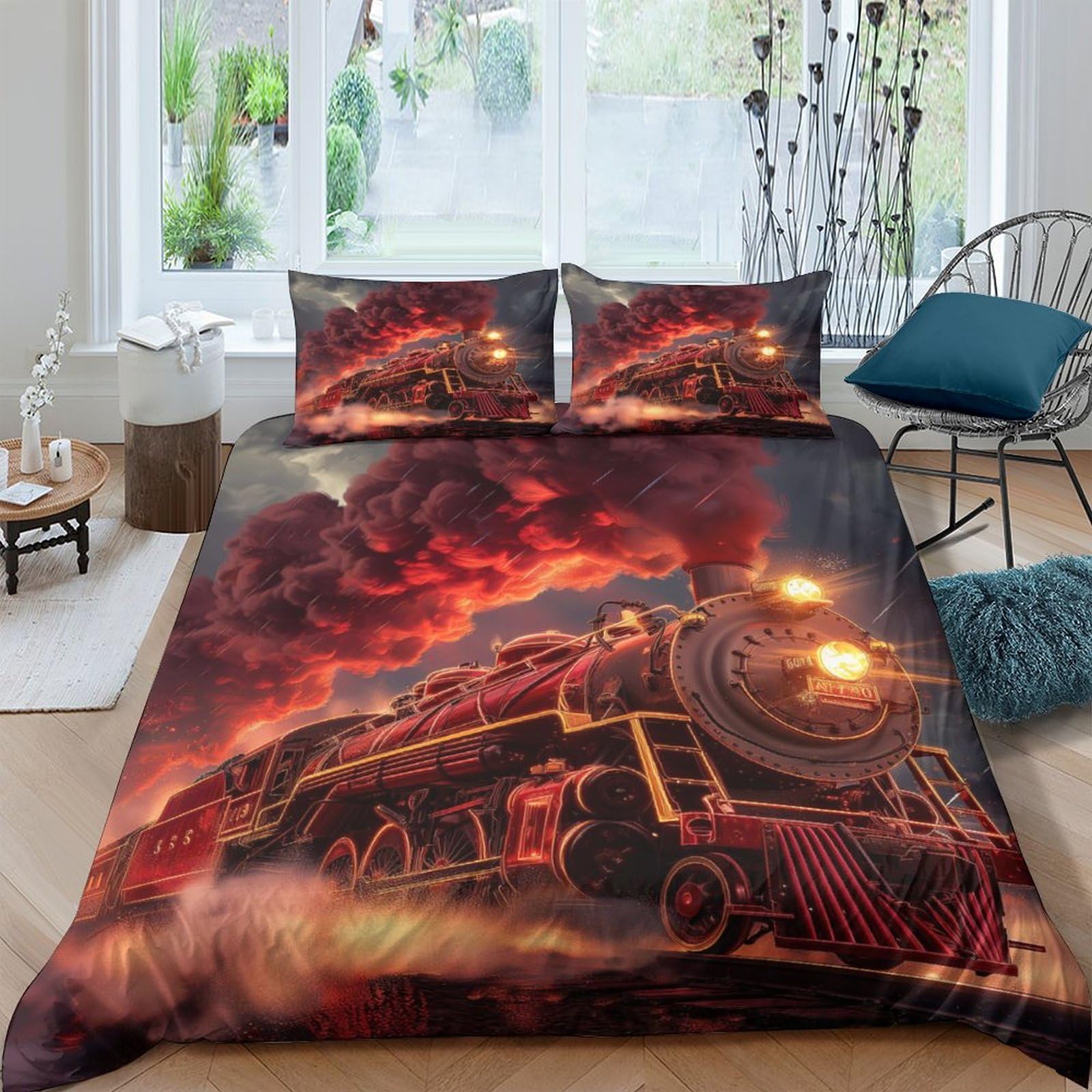 ERGTT Aerial Train Comforter Covers 3D Print Steam Quilt Cover for Teens and Adults Duvet Cover Bedding Set Soft Microfiber with Zipper Closure with Pillow Cases 3 Pieces Full（203x228cm）