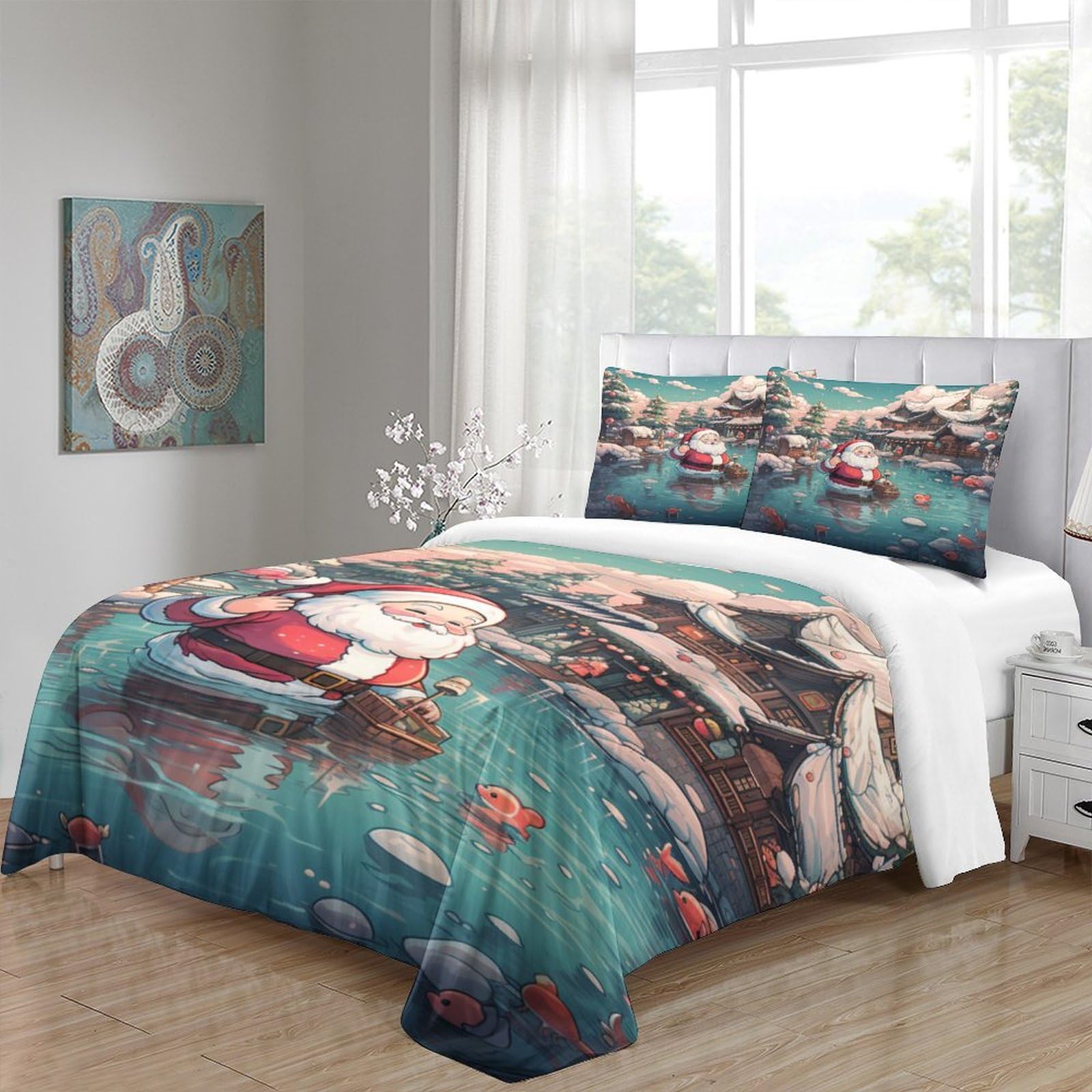 ERGTT Father Christmas Comforter Covers Quilt Cover Duvet Cover for Boys Girls 3D Printed Christmas with Zipper Closure Bedding Set with Pillow Cases Soft Microfiber 3 Pieces Queen(228x228cm)