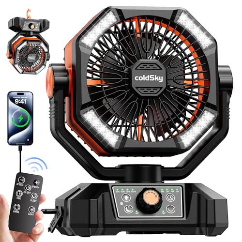 coldSky ๐ฎ๐ฌ๐ฌ๐ฌ๐ฌ๐บ๐๐ต Camping Fan with ๐๐๐ฎ๐น ๐ ๐ผ๐๐ผ๐ฟ, Battery Operated Fan with 4 LED Lantern, 8 Speeds Desk Fan with Remote, Portable Outdoor Fan with Hook for Tent, Power Outages, Jobsite
