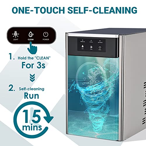EUHOMY Nugget Ice Maker Countertop, Max 33lbs/24H, 2 Ways Water Refill, LED Light, Self-Cleaning Pebble Ice Maker with Basket and Scoop, for Home/Kitchen/Camping/RV. (Black Silver)