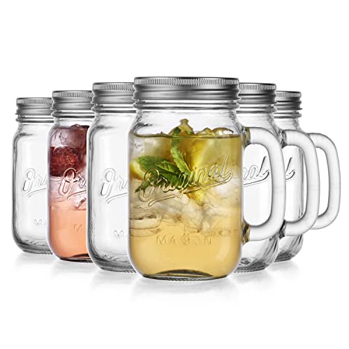 Glaver's Mason Jar 16 Oz. Glass Mugs with Handle and Lid Set Of 6 Old Fashioned Drinking Glass Bottles Original Mason Jar Pint Sized Cup Set.