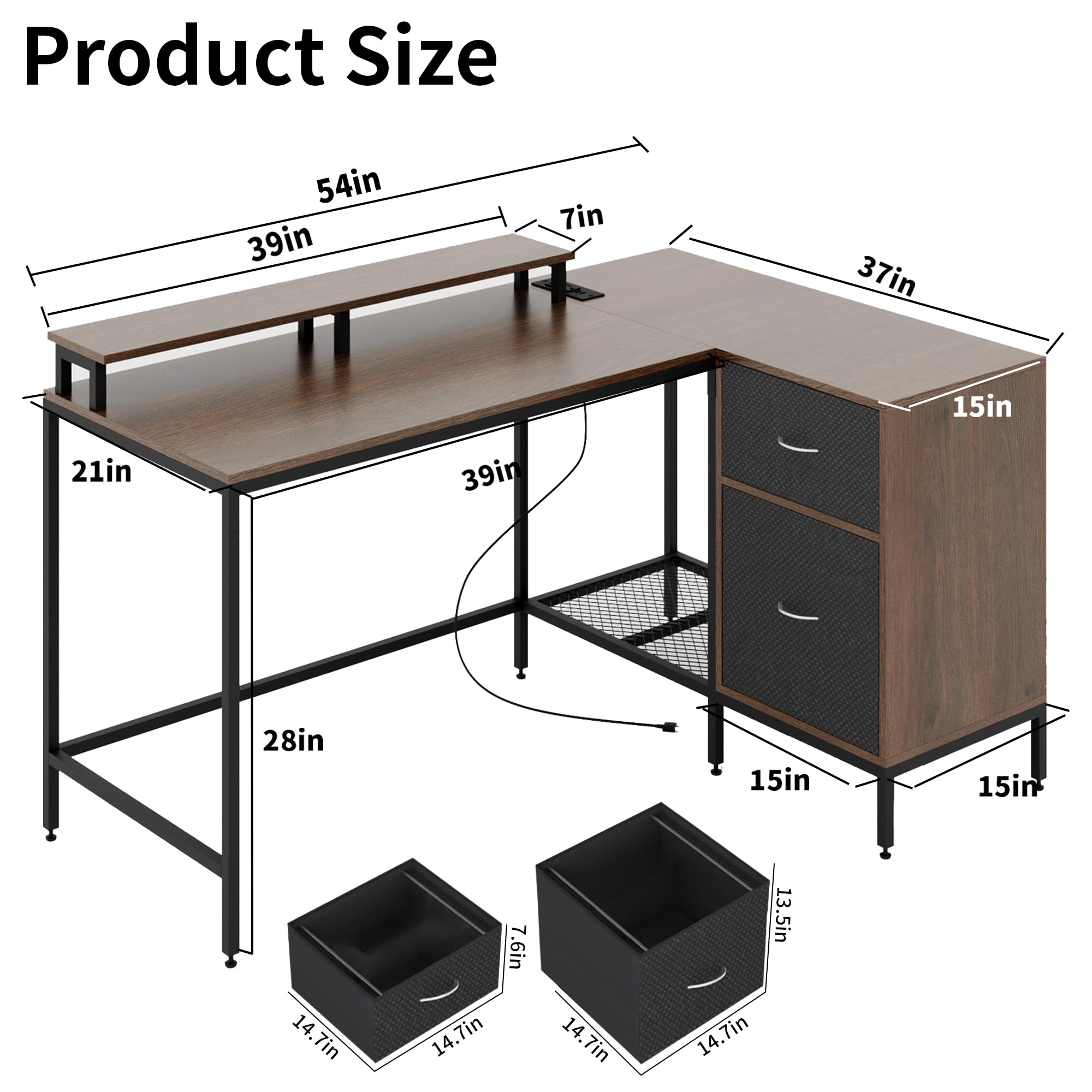 Edbuosy 54" L Shaped Desk with File Drawers, Office Computer Desk with Outlet, Monitor Shelf & Storage, Corner Desk for Home Office, Rustic Brown