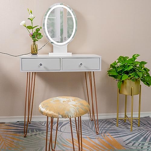 Kindmin Makeup Vanity Table Set with 3 Modes Adjustable Lighted Mirror Cushioned Stool, Dressing Table for Small Space