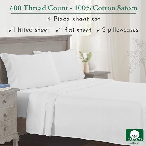 California Design Den Queen Size Sheet Set, 600 Thread Count 100% Cotton Sheets, Luxury Extra Deep Pocket Queen Sheets Cotton Sateen, Hotel-Quality Queen Sheet Set - White Sheets