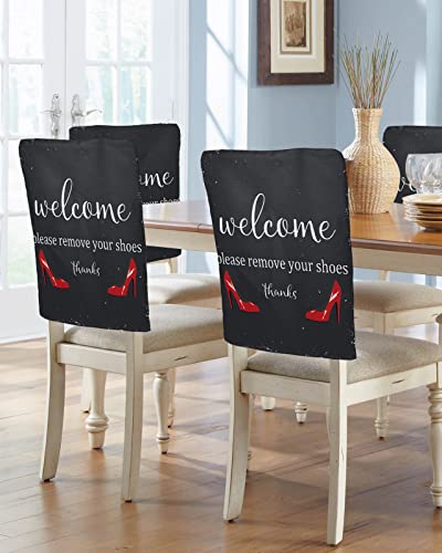 Maliyand Chair Back Cover, Welcome Please Remove Your Shoes Thanks Vintage Red High Heel Black Chair Covers Removable Chair Protector Slipcover for Dining Room, Kitchen, Restaurant, Set of 8