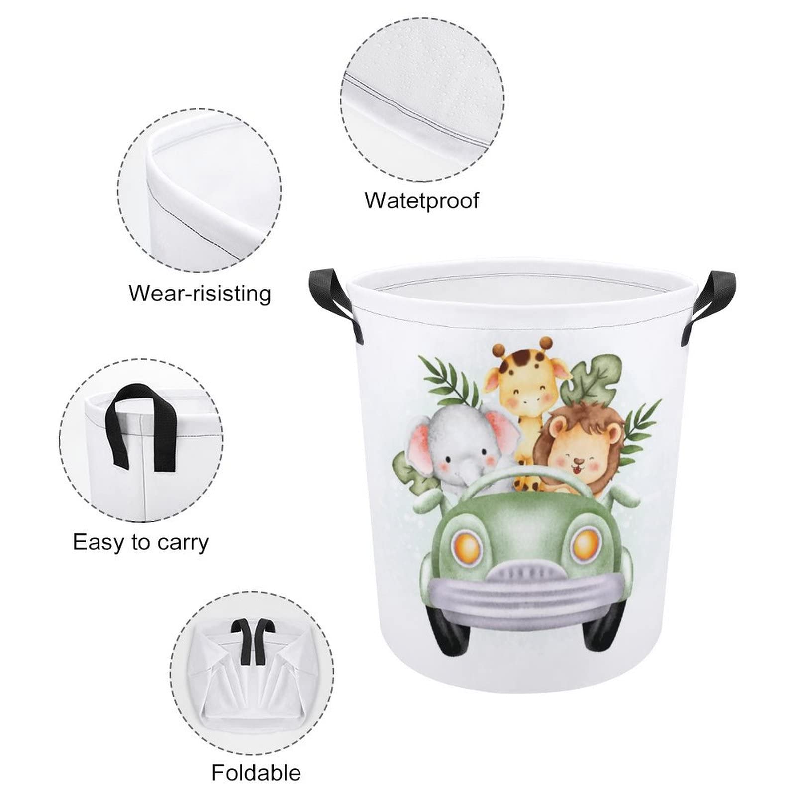 FISNAE Cute Safari Animals in Car Laundry Baskets Lion Elephant Giraffe Small Laundry Hamper-Collapsible Storage Bin with Handles Round Toy Organizer Bin for Room,Office,Nursery Hamper, Home Decor