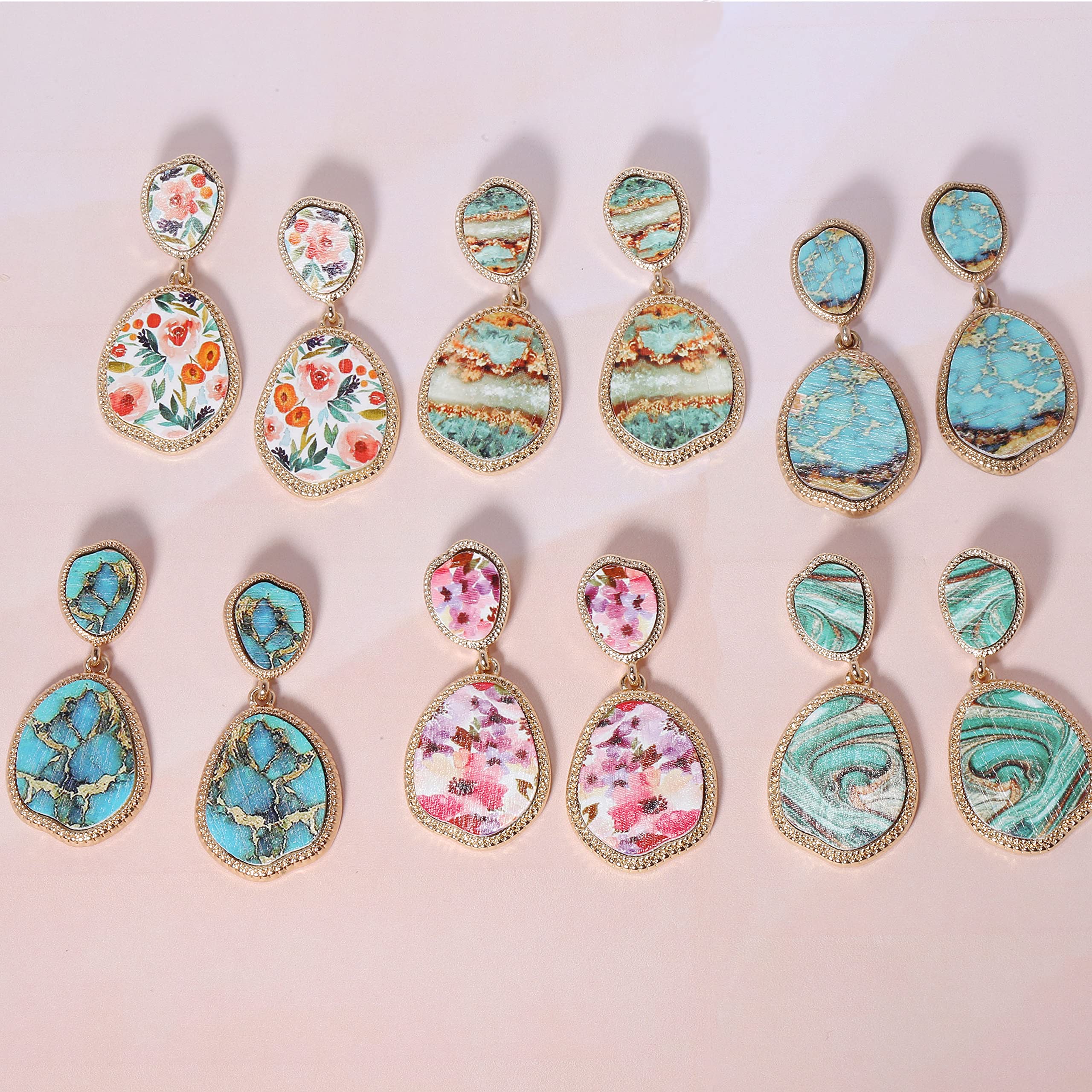 BONALUNA Bohemian Wood And Marble Effect Oval Shaped Drop Statement Earrings (TURQUOISE)
