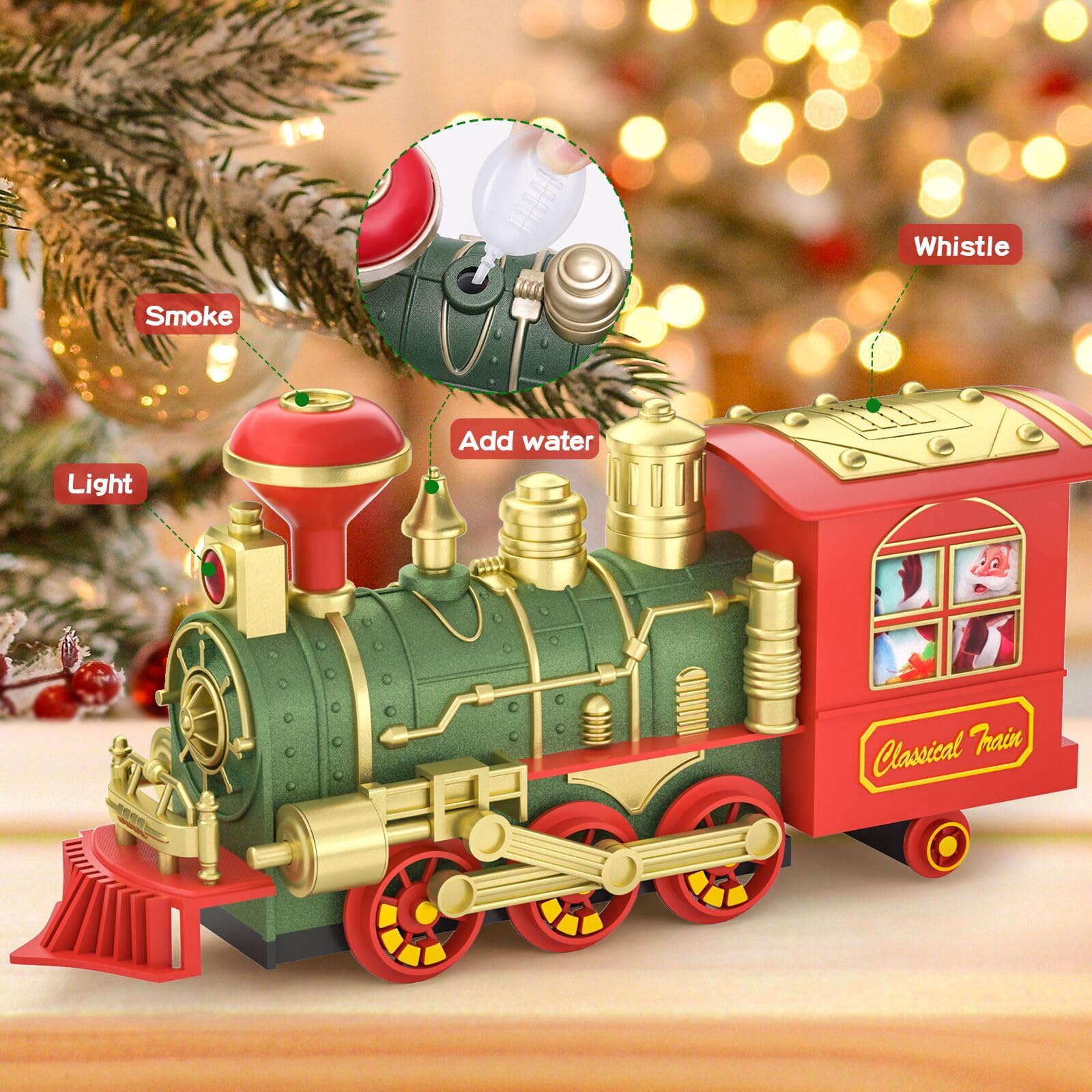 Christmas Train Set, Electric Train Around Tree w/Smoke Light & Sound for Kids Train Toy, Steam Locomotive Engine, Cargo Car and Train Tracks