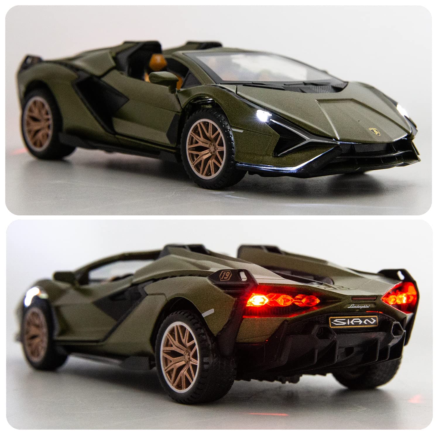 WAKAKAC Diecast Car Compatible for Sian Roadster 1/32 Scale Model Car Alloy Pull Back Door Opening Vehicles with Sound and Light Toy Car for Kids Boys Gift(Army Green)