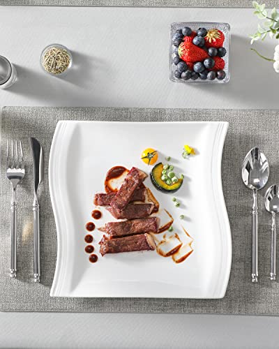 MALACASA White Square Dinner Plates - 10 Inch Porcelain Serving Plates Set of 6, Modern Ceramic Salad Dessert Plates, Dishwasher, Oven and Microwave Safe Kitchen Plates, Series Flora