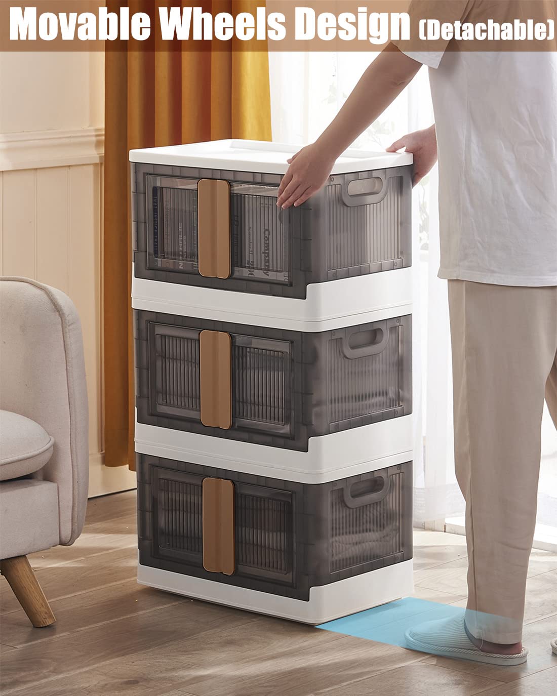 Closet Organizers and Storage 8.4Gal, Storage Bins with Lids and Wheels, Folding Trunk Organizer with Lid and Lashing Buckles, Storage Containers Organizer for Bedroom Living Room Study Office (3Pack）