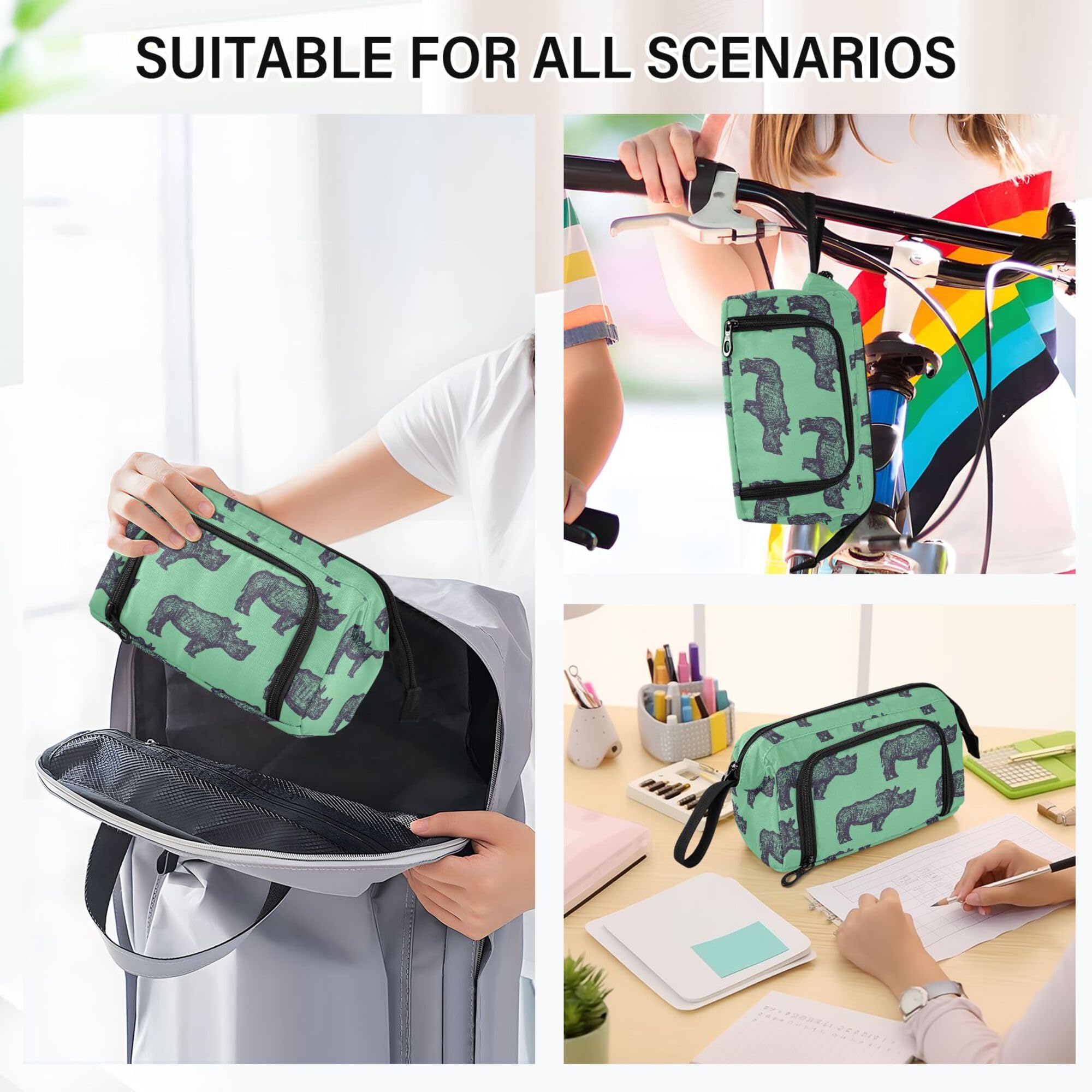 Fisyme Rhino Rhinoceros Green Pencil Case Large Capacity Pencil Pouch Pen Bags Box Big Makeup Pencil Case Organizer