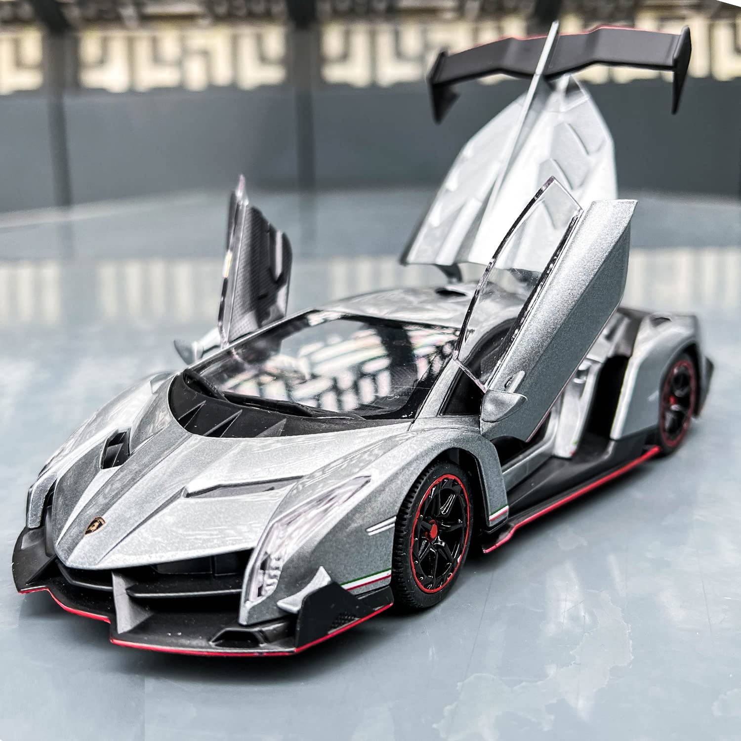 WAKAKAC Diecast Car for Lambo Veneno Model Car 1/24 Scale Sports Toy Vehicle Door Can be Opened Toy Car Front Wheel Steerable (Gray)