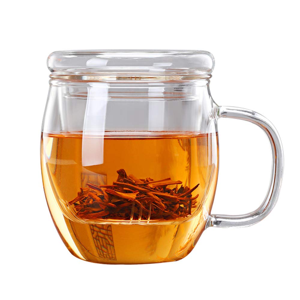 CHNTEA Tea Mug Glass Beautiful Cup with Infuser and Lid for Steeping,12 Ounces Transparent Snare Drum Mug