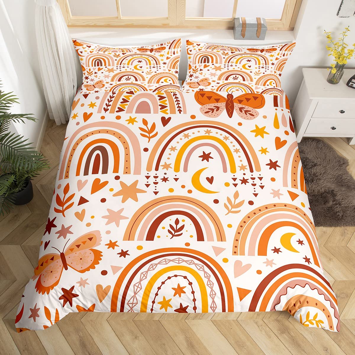Girls Rainbow And Butterfly Bedding Sets Twin Size Kids Boho Stars Moon Comforter Cover Bohemian Botanical Leaf Duvet Cover Pastel Brown Color Love Hearts Bed Set 1 Pillow Case(No Comforter)