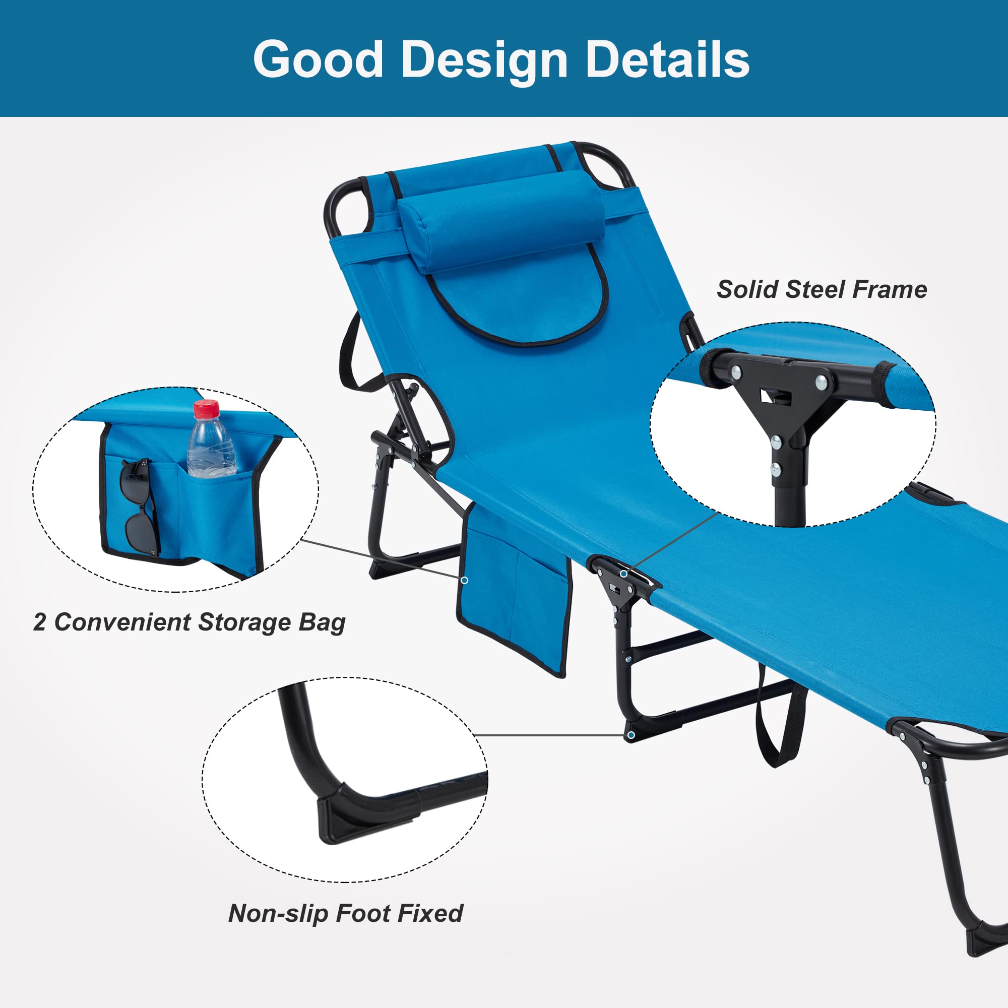 Candockway Outdoors Lounge Chair,300lbs Folding Patio Lounge Chair with Face Hole, Adjustable Backrest, Non-Slip Foot & Portable Handle, Chaise Lounge for Patio, Yard